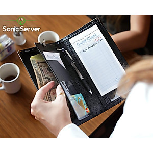 Sonic Server 5x9 11-Pocket Server Book Organizer with Double Magnetic Pockets, Zipper Pouch & Pen Holder for Waitress Waiter Waitstaff | Cross-Textured Black | Fits Apron Holds Guest Checks