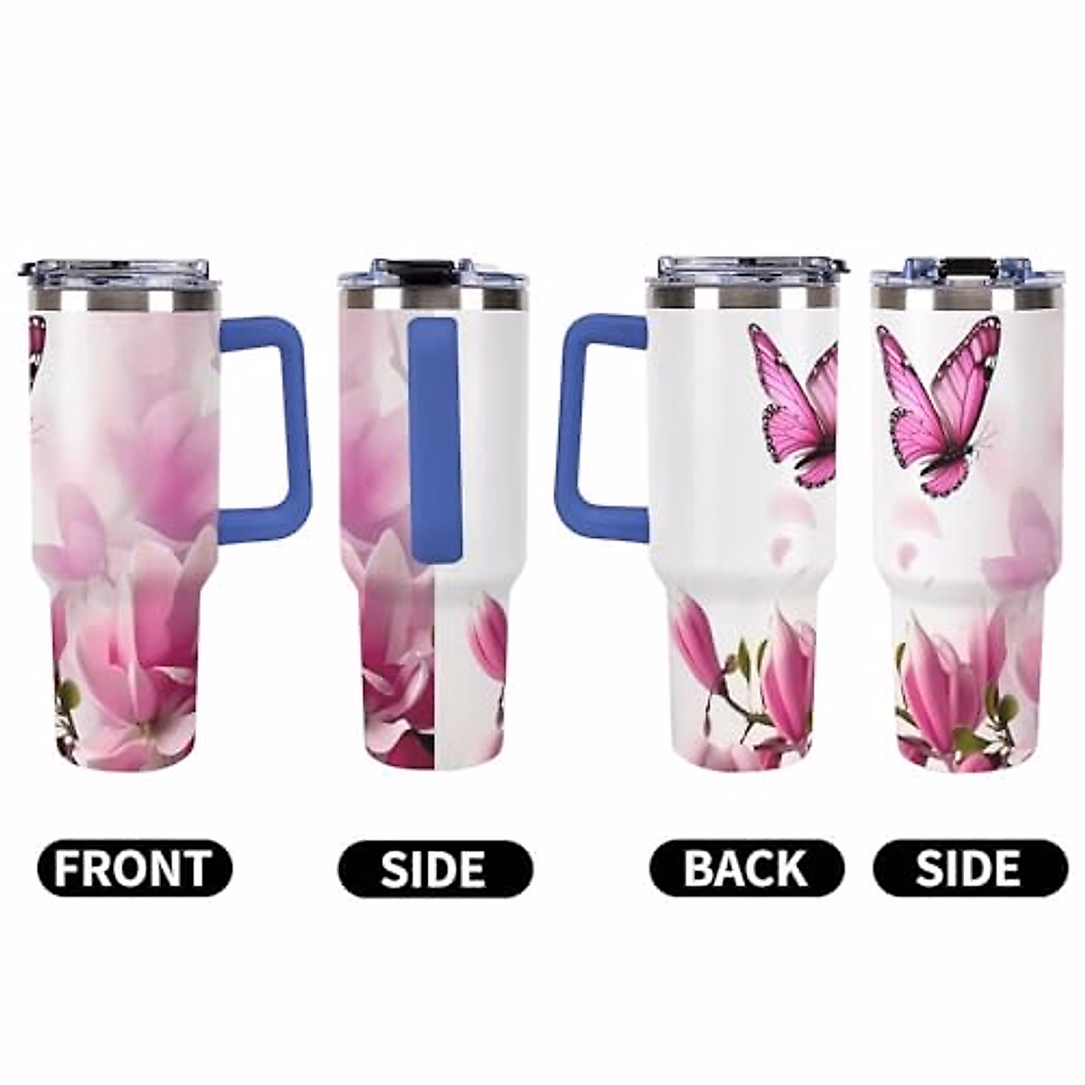 Magnolia Plant Flora Butterfly 40 Oz Stainless Steel Cup Travel Tumbler with Handle and Straw Lightweight Coffee Mug for Home Office