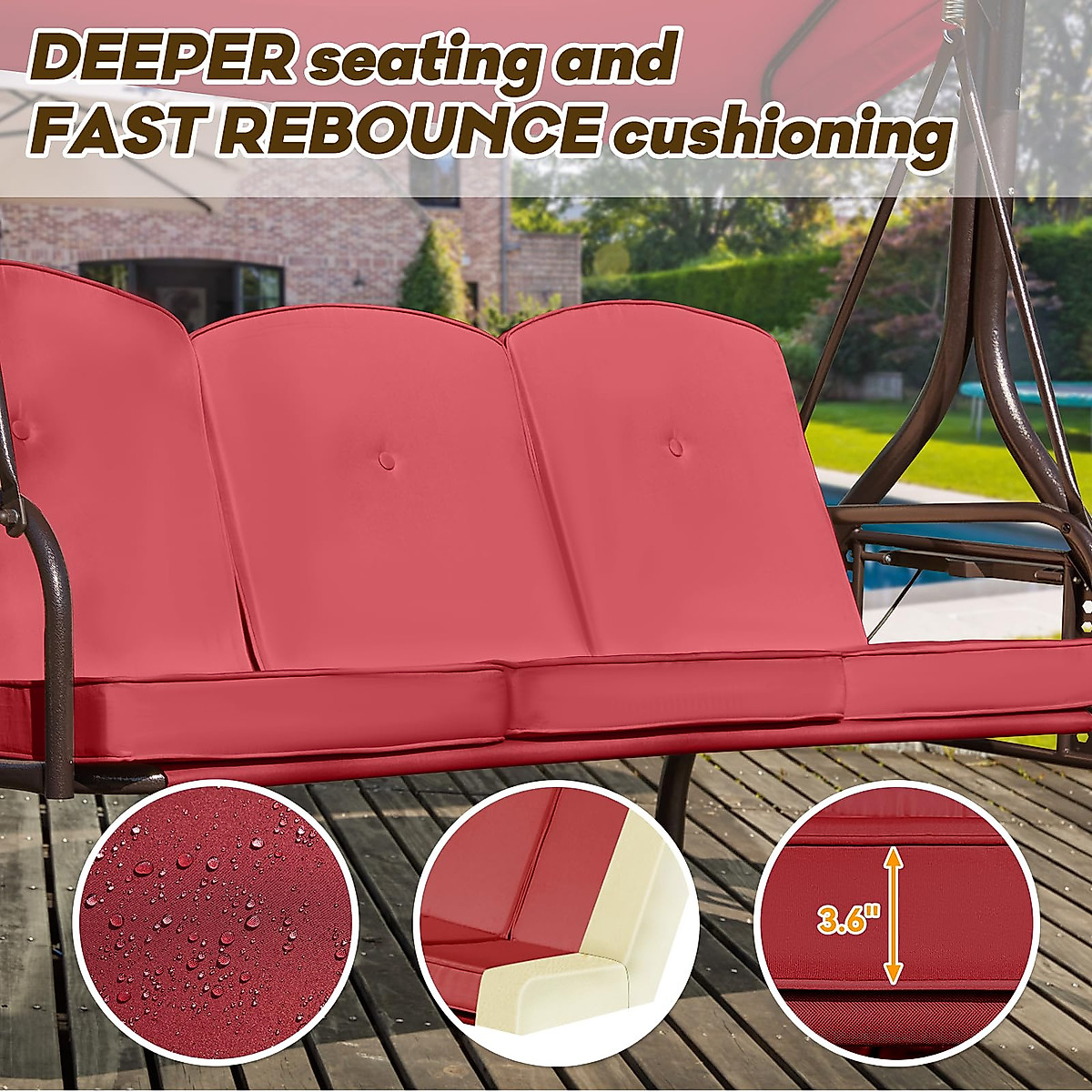 Yalissey 3 in 1 Outdoor Porch Swing with Adjustable Canopy, 3 Seat Outdoor Swing for Adults, Patio Swing Chair with Thickened Cushions,Pillows & Cup Holders for Backyard, Porch, Garden (Wine Red)