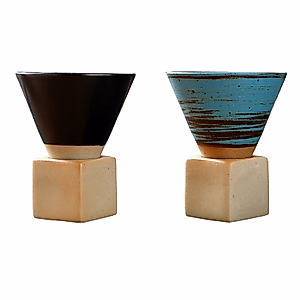 Ddewing Coarse Pottery Coffee Mug with Base, 200ml Creative Triangular Cone Shape Porcelain Mug, Ceramic Tea Cup for Coffee Tea Latte Milkshake Yogurt (black+blue)