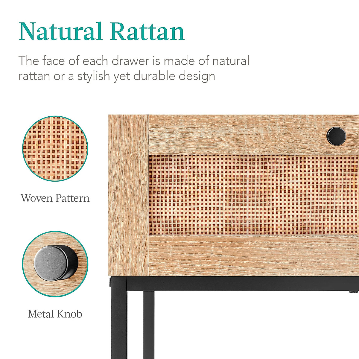 Best Choice Products 39in Rattan Coffee Table, 2-Drawer Modern Boho Home Furniture for Living Room, Bonus Room w/Wicker Storage Compartments, Oak Wood Grain Finish, Metal Frame & Knobs - Light Walnut