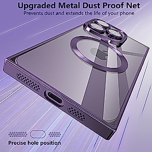 KSWOUS Magnetic Clear for iPhone 14 Pro Max Case Square, Luxury Plating Transparent Shockproof MagSafe Case with Full Camera Lens Protector for Women Girls Phone Case for iPhone 14 Pro Max-Purple