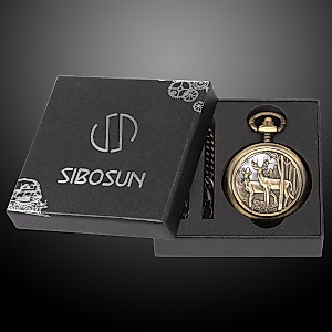 SIBOSUN Pocket Watch with Chain Deer Reindeer Woodland Men Smooth Back Case Bronze Vintage Box Quartz