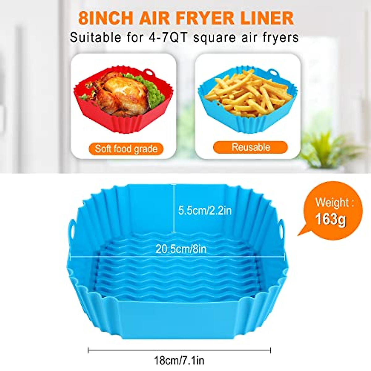 Boribim 2 PCS Square Silicone Air Fryer Liners - 8 Inch Reusable Air Fryer Pot - Air Fryer Accessories - Air Fryer Inserts for 4 to 7 QT for Oven Microwave Accessories (Red + Blue)