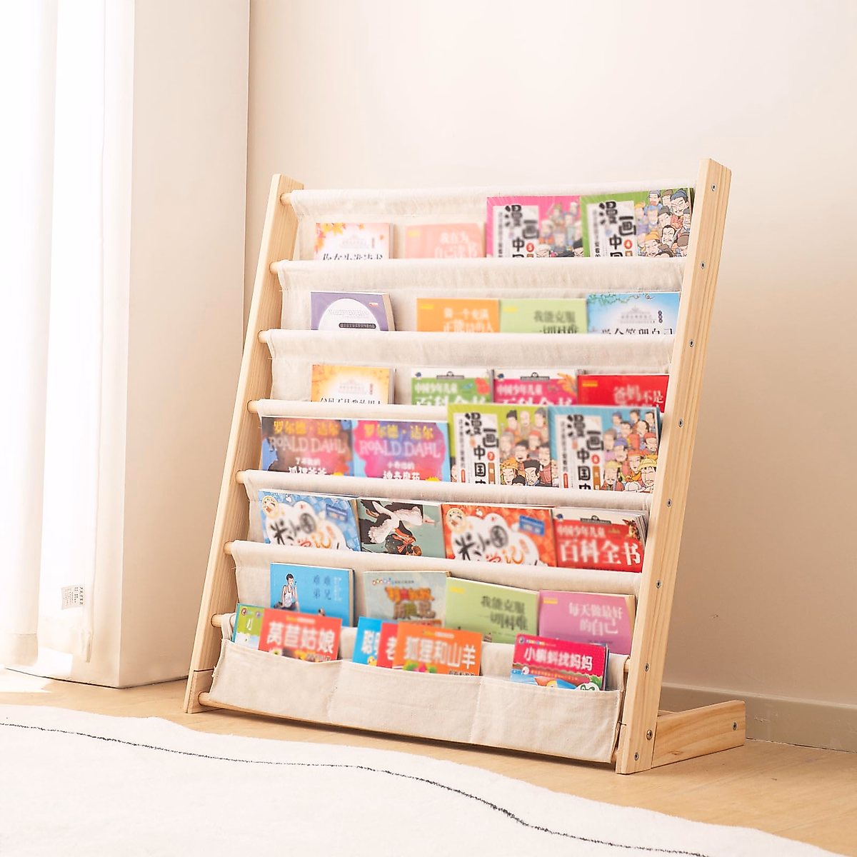 Wooden Bookshelf for Kids Wood Bookrack Canvas Book Storage Shelf Display Bookshelf 6 Tier Kids Book Rack for Bedroom Living Room Playroom Storage Organizer Natural (29.52" L x 11.81" W x 31.10" H)