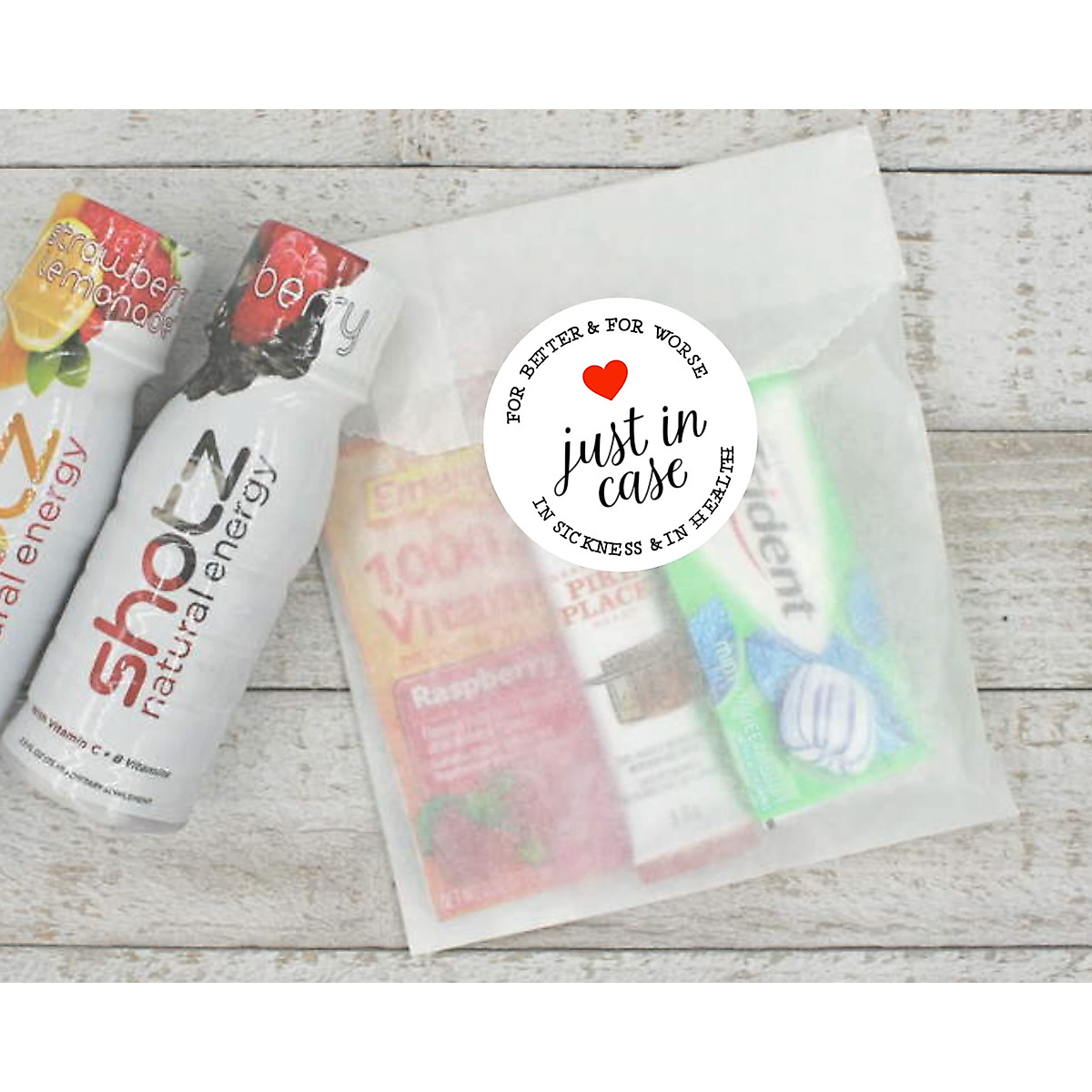 Wedding Recovery Kits - 20 Stickers with optional favor bags, Just in Case, hangover kit