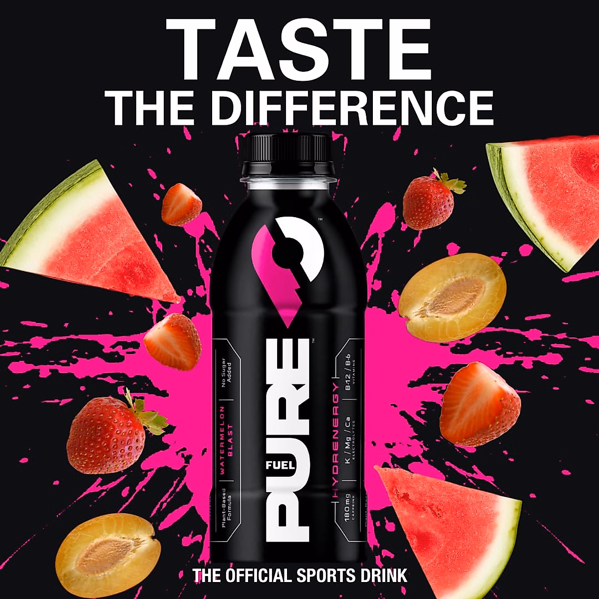 Pure Fuel All Natural Healthy Energy Drink Watermelon Blast – Plant-Based Sports Drink & Pre Workout – No Sucralose – 180mg Natural Caffeine – 12pk x 16.9 fl oz