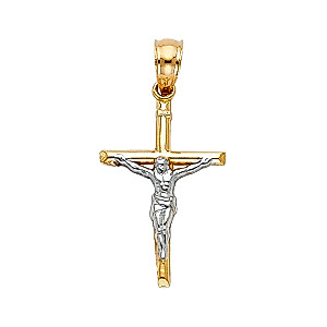 14k Yellow White Gold Jesus Crucifix Cross Religious Pendant - (Height 20 MM Width 13 MM)
