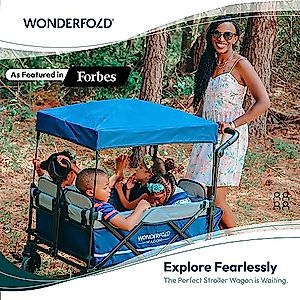 WONDERFOLD X4 Push & Pull Quad Stroller Wagon (4 Seater) Featuring Seats with 5-Point Harnesses, Adjustable Push Handle, and Adjustable/Removable UV-Protection Canopy, Stealth Black