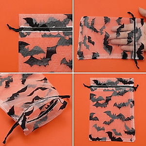 JarThenaAMCS 100Pcs Halloween Organza Drawstring Bags Black Bat Decorative Jewelry Gift Bags Candy Goodie Treat Bags Mesh Bags for Holiday Baby Shower Birthday Party Supplies,4 x 6 Inch