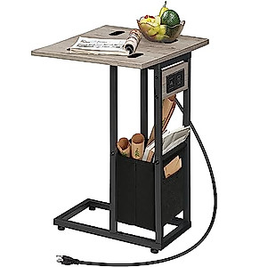 HOOBRO C Shaped Side Table with Charging Station, Foldable End Table with Fabric Bag, Sofa Table Coffee Table Snack Table for Couch Small Space Living Room, Bedroom, Greige and Black BG30USF01