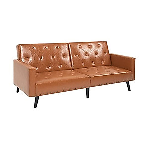 Naomi Home Jolene Tufted Split Back Futon, Mid Century Convertible Sofa Bed for Small Rooms, Faux Leather Couch, Perfect for Your Modern Living Room- Caramel, Faux Leather
