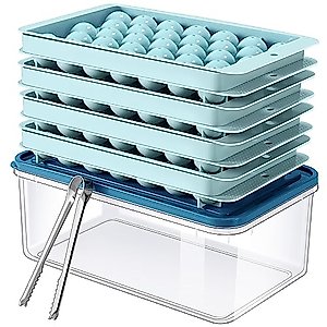 ARTLEO 4 Pack Round Ice Cube Trays for Freezer with Bin, Upgrade Easy Release Small Ice Ball Maker Mold, Freezer Ice Container with Lid, Mini Sphere ice cube Mold trays, Ice Bucket and Tong,Bpa free