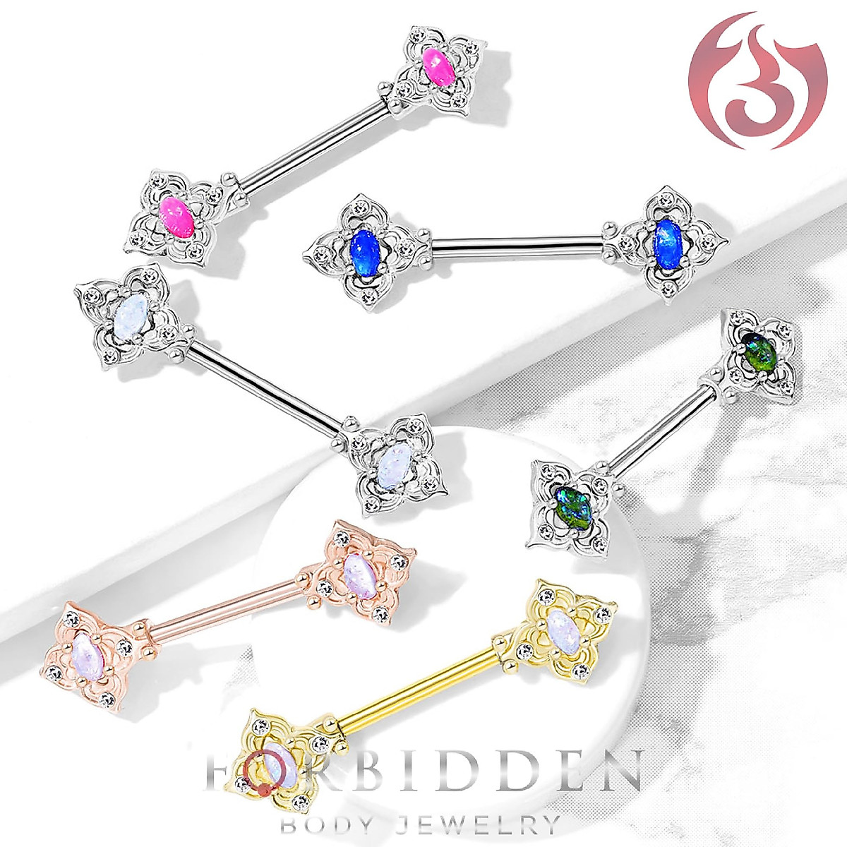 Forbidden Body Jewelry Pair of Surgical Steel 9/16 Inch Posh Floral Synthetic Opal Center Nipple Barbells, Dark Green