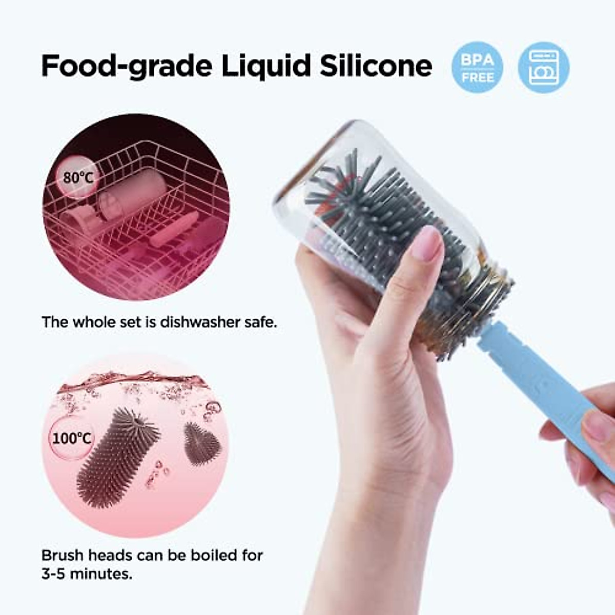 VOGOGE Travel Bottle Brush Set with Extendable Silicone Bottle Brush, Built-in Bottle Drying Rack, Suitable for Home & Baby Travel (Blue)