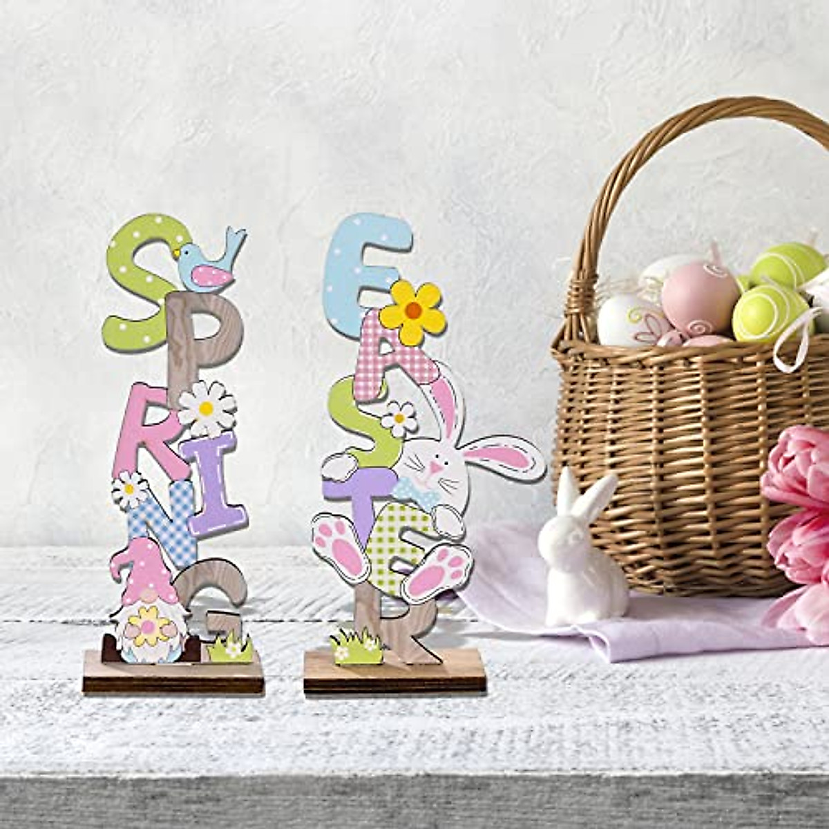 Easter Tabletop Decoration Signs, Easter Table Centerpieces Wooden Bunny Gnomes Decorations Family Signs for Spring Holiday Easter (2PCS)