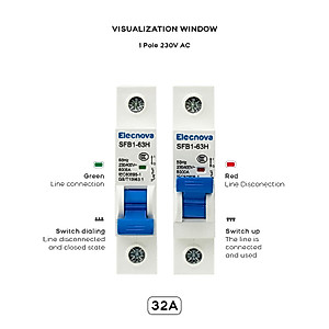 Elecnova 6-63A AC Miniature Circuit Breaker, 1 Pole 32 Amp 230V, DIN Rail Mounted Circuit Breakers, Overload, Short-Circuit Tripping, MCB, 110V / 120V Available