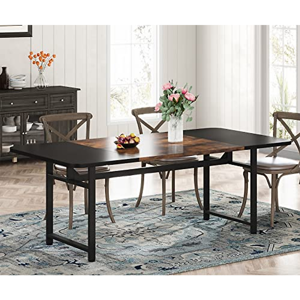 Tribesigns Dining Table for 6 People, 70.87" Long Dining Room Table with Heavy Duty Metal Frame, Industrial Rectangle Kitchen Table for Kitchen, Dining Room, Rustic Brown/Black