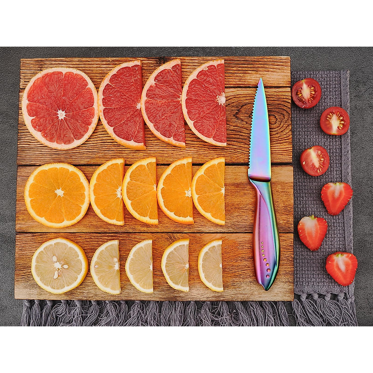 WELLSTAR Utility Knife, 4 Inch Serrated Paring Knife with Super Sharp Rainbow High Carbon Stainless Steel Blade for Fruit Vegetable Cutting Peeling Slicing