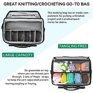 FINECE Knitting Bag, Crochet Organizer Bag with Cover and Inner Dividers, High Capacity Yarn Tote Organizer for Knitting Accessories, Needles, Yarn Skeins, Hooks, Unfinished Project (Blue)