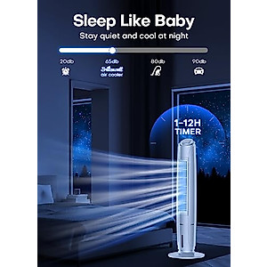 43-INCH Air Conditioner Portable for Room, BREEZEWELL Evaporative Air Cooler, 60° Oscillating Cooling Fan w/Remote, 12H Timer, 3 Speeds, 4 Ice Packs, Windowless Swamp Cooler for Bedroom Home Office