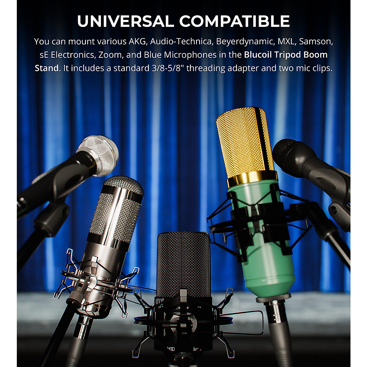 Blucoil Adjustable Microphone Stand with 2.3' - 4.1' Height, Rotating Boom Arm, Tripod Base, Dual Mic Clips - Compatible with AKG, Audio Technica, MXL, Samson, Blue Mic, sE Electronics, and More