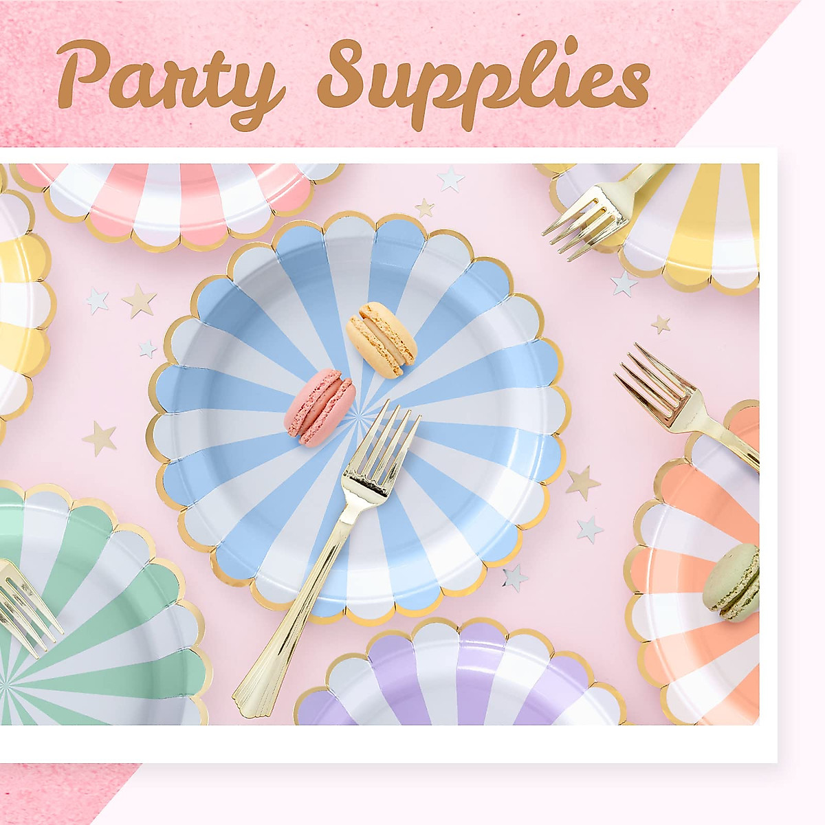 Confettiville Party Paper Plates, 50-Pack, Disposable Paper Plates, Gold Foil Scalloped Edge, Striped Pastel, 6 Colors, 9-Inch