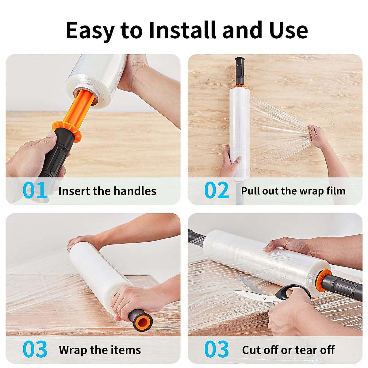 JARLINK Stretch Film, 15 Inch x 1000 Feet Shrink Wrap for Pallet Wrap, Industrial Strength Stretch Wrap with Handles, Moving Wrapping Plastic Roll, 60 Gauge, 2 Pack, Clear