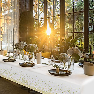 12 Pack White and Gold Dot Plastic Tablecloth, Gold Stamping Dot Confetti Rectangle Plastic Disposable Tablecloth for Birthday Wedding Baby Shower Engagement Anniversary Party Decorations, 54x108 Inch