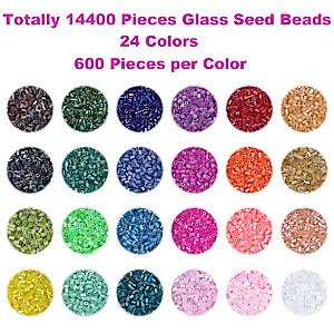 EuTengHao 14400pcs Tube Beads Bugle Glass Seed Beads Small Craft Spacer Beads for DIY Bracelet Necklaces Crafting Jewelry Making Supplies with Two Crystal String (3mm, 600 Per Color, 24 Colors)