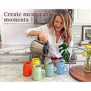 Mason Jar Mugs - Set of 6-15oz - Ceramic, Vibrant Colors - Great for Coffee, Tea, Cold/Hot Drinks, Indoor/Outdoor Parties - Farmhouse Décor