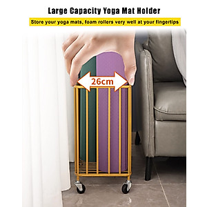 Gold Square Yoga Mat Holder with Wheels, Steel Frame Yoga Mat Storage Basket, Exercise Equipment for Home Workouts, Space Saving Yoga Mat Racks