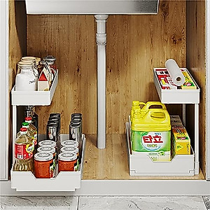 Under Sink Organizers and Storage Mezdbrud Kitchen Sink Organizer 2 Tier Load Pull-out Under Sink Shelves with Sliding Drawer Multi-Purpose Under the Sink Organizer for Kitchen Bathroom (White)
