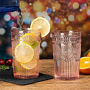 Vintage Glassware Romantic Drinking Glasses - 12 OZ Pink Glassware Embossed Glasses Drinking Set of 6 - Perfect Glass cups for Coffee, Cocktails, and Beverages, Dishwasher Safe, Ideal for Gifting