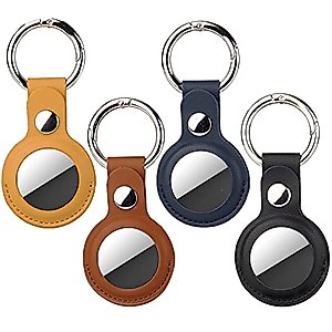 EatMelon 4 Pack Case Compatible with Apple AirTags Case AirTag Keychain Leather AirTag Holder Upgrade Protective Portable Case for AirTag (Yellow/Brown/Blue/Black)