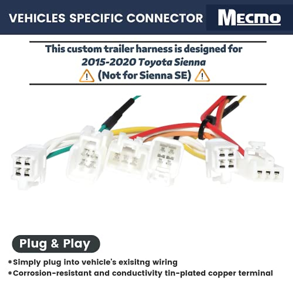 MECMO 4-Pin Trailer Wiring Harness for 2015-2020 Toyota Sienna Excluding SE, 56261 T-Connector for Sienna, Vehicle-Side 4-Pole Flat Trailer Hitch Wiring