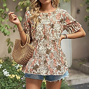 Women's Fashion Casual Summer V Neck Prints Stitching Short Sleeve Loose T Shirt Top Khaki