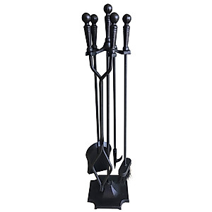 Tosnail 5 Pieces Wrought Iron Fireplace Tools Set - Brush, Shovel, Tong, Poker and Stand Base