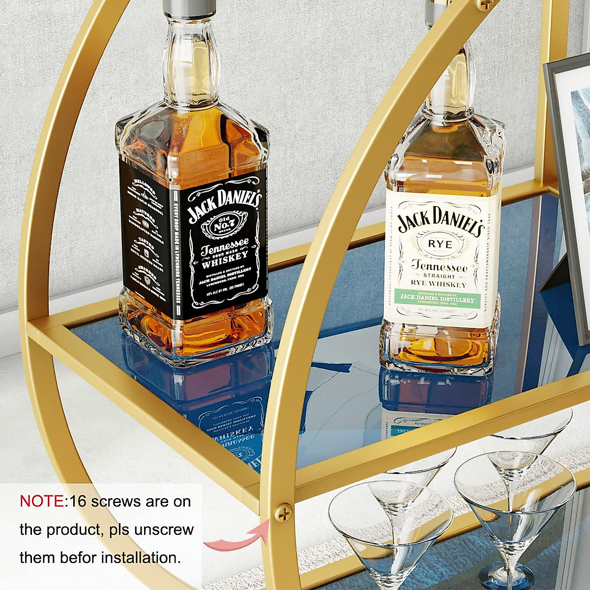 HEONITURE Bar Cart, Upgraded 3 Tier Gold Bar Serving Cart with Glass Holder and Wheels, Metal Handle Round Bar Carts for The Home, Kitchen, Living Room