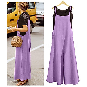 YESNO Women Casual Loose Boyfriend Bib Pants Summer Wide Leg Cotton Jumpsuits Rompers with Pockets (XL PZZTYP2 Light Purple)