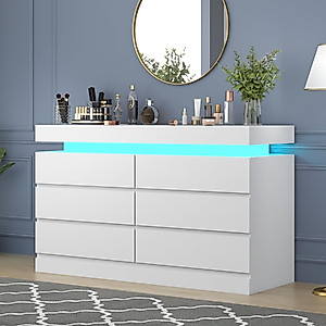 Gyfimoie 6 Drawer Dresser with Power Outlet, White Dresser with LED Light, Modern Chest of Drawers for Closet, Double Wide Drawer Organizer Cabinet for Bedroom, Living Room, Entryway, Hallway