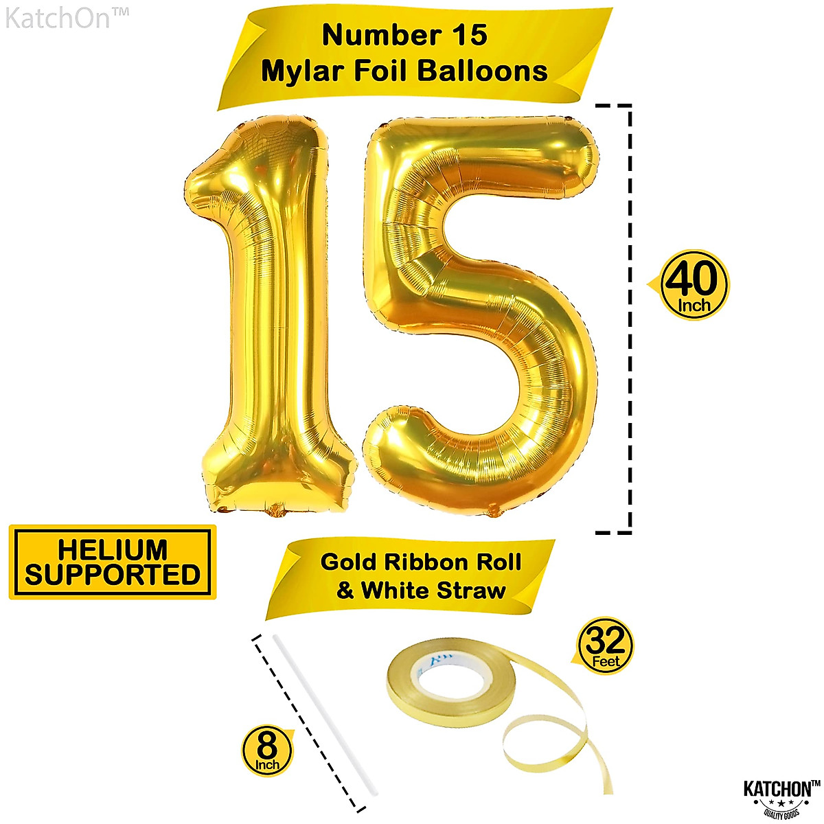 KatchOn, Giant Gold Number 15 Balloons - 40 Inch | 15 Balloons Number Gold, 15th Birthday Decorations for Boys | 15 Gold Balloon Number | Gold 15 Balloon Numbers, 15 Birthday Decorations for Girls