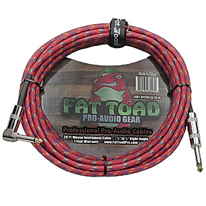 Fat Toad Guitar Cable Right Angled to 1/4 Straight-End Instrument Cord Tweed Cloth Jacket Braided Woven 20FT Quarter Inch Gold Jack TS for Electric Guitar, Bass, Keyboards | Shielded 24 AWG Patch