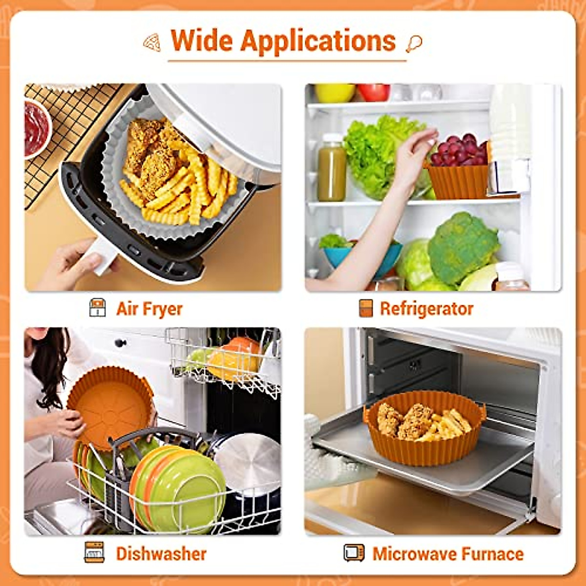 Air Fryer Silicone Liners, Znben 8 Inch Reusable Silicone Air Fryer Basket for Oven Non Stick Heat Resistant Air Fryer Silicone Pot for Oven Dishwasher Safe Fits 3-7 Qt Air Fryer 2Pack (Grey+Brown)