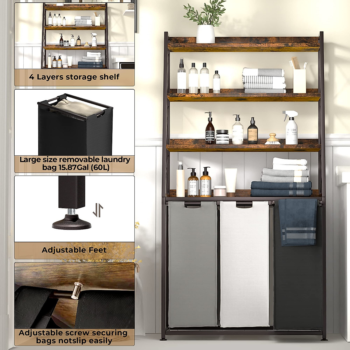 Herture Laundry Basket, 3 Section Laundry Hamper with 4 Tiers Shelf, Pull-Out and Removable Laundry Bags, Large 3 x 15.87 Gallons, for Laundry Room Bathroom Rustic Brown PF05XLN