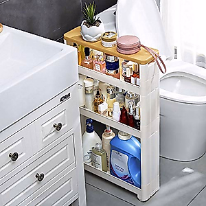 3 Tier Slim Storage Cart Narrow Storage Cart Slide Out Storage Tower Bathroom Organization and Storage Mobile Shelving Unit Organizer Pantry Storage Rack for Narrow Spaces