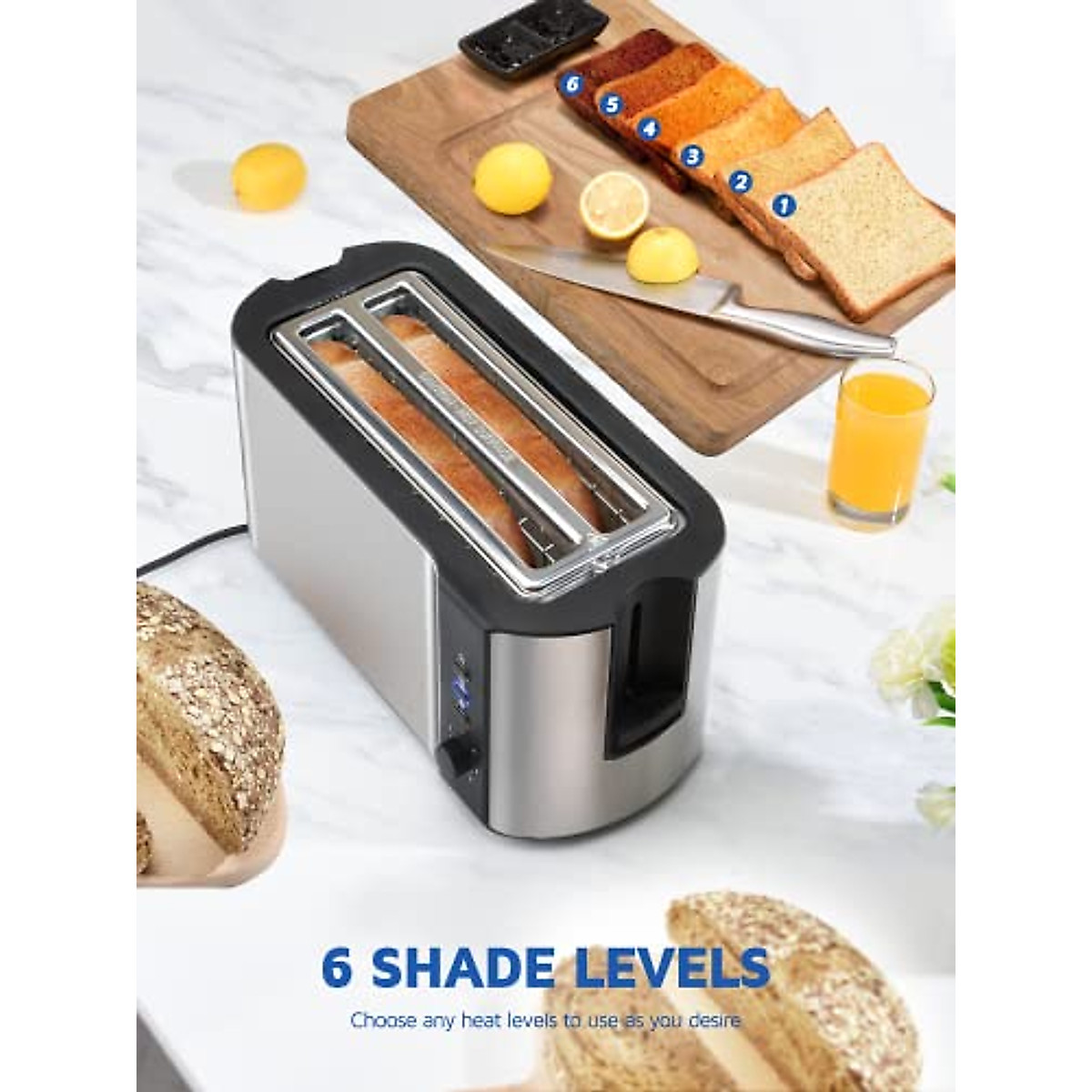 DyBaxa Stainless Steel Toaster 4 Slice, Toaster 2 Slice Long Slot, Compact 4 Slice Toaster Wide Slot for Bagel Sourdough Artisan Croissant Muffin, 6 Browning Control, Warming Rack, Removal Crumb Tray