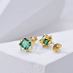 MUUYON 14K Solid Gold Princess Cut Emerald Stud Earrings,Yellow Real Gold Created Emerald Earrings with Push Backs, May Birthstone Earrings Jewelry for Her Women Mom