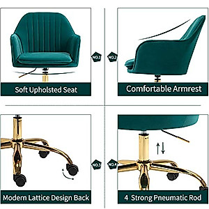 HOMHUM Desk Chairs with Wheels, Home Office Chair Mid-Back Velvet Office Chair Adjustable Cute Chair with Side Arms and Gold Metal Base for Living Room, Bedroom, Home Office, and Vanity Room (Green)