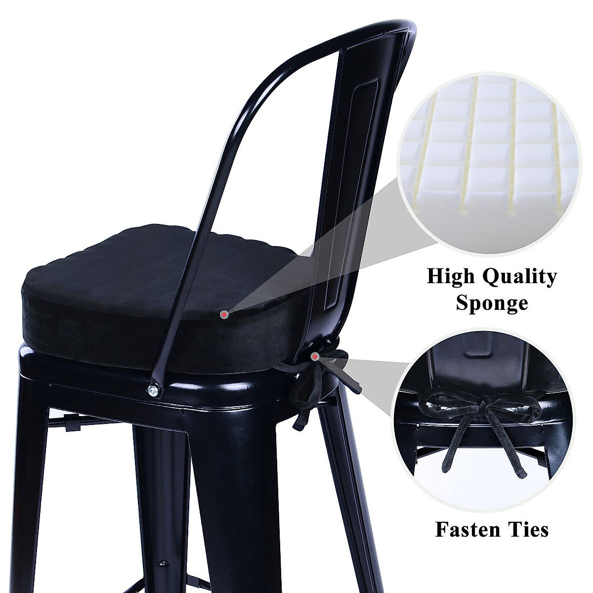 baibu 14x14 Inches Non Slip Metal Dining Chair Pads, Super Soft Bar Stool Cushions Kitchen Chair Pads with Ties - One Cushion only (Black, 14×14×3in)